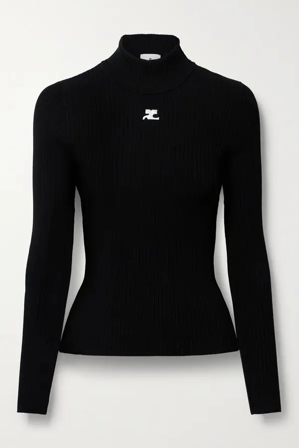 COURREGES Reedition Embroidered Ribbed-knit Turtleneck Sweater - Black