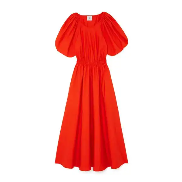Goop Sheely Puff-Sleeve Midi Dress - Red | Editorialist