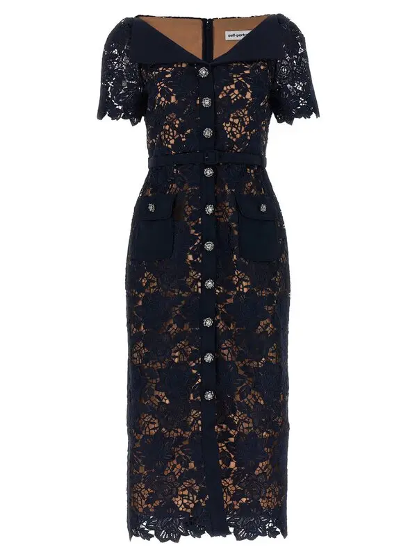 Buy SELF-PORTRAIT Navy Lace Open Neck Midi' Dress - Blue At 33% Off ...