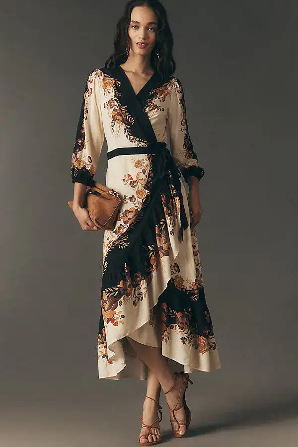 Farm Rio Long-Sleeve Floral Wrap Midi Dress In Orange Floral - 66% Off |  Editorialist
