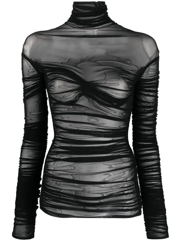 MUGLER Ruched Semi-sheer Top - Black | Editorialist