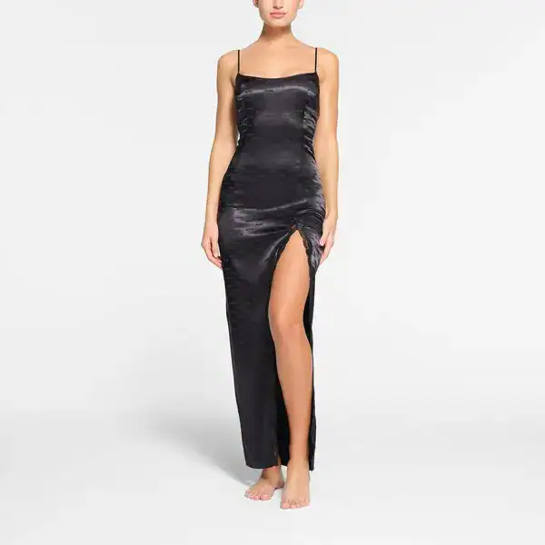 Skims Jacquard Lace Long Slip Dress - Onyx | Editorialist