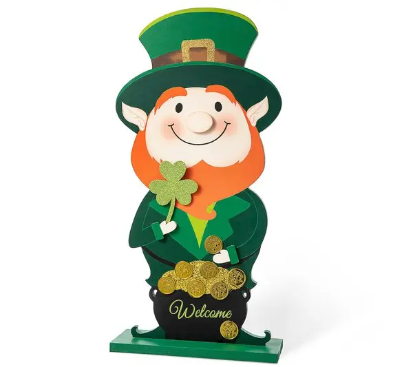 GLITZHOME 23 St. Patrick's Leprechaun Pot Of Gold Porch Sign