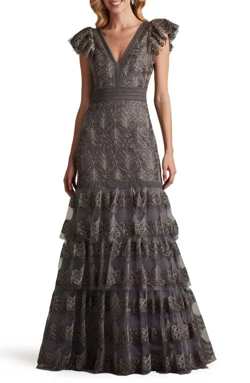 Tadashi Shoji Flutter Sleeve Tiered Gown - Dark Mist