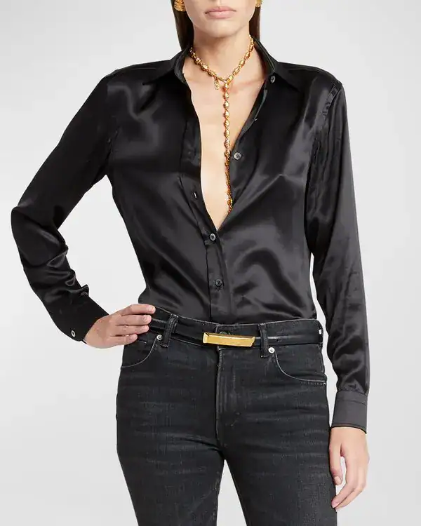 Tom Ford Button-Up Silk Satin Shirt Black Editorialist