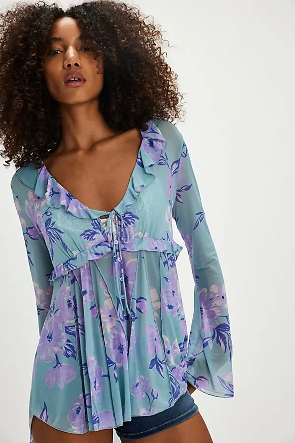 Free People Printed Tunic With Ruffle Trim - Celeste Combo