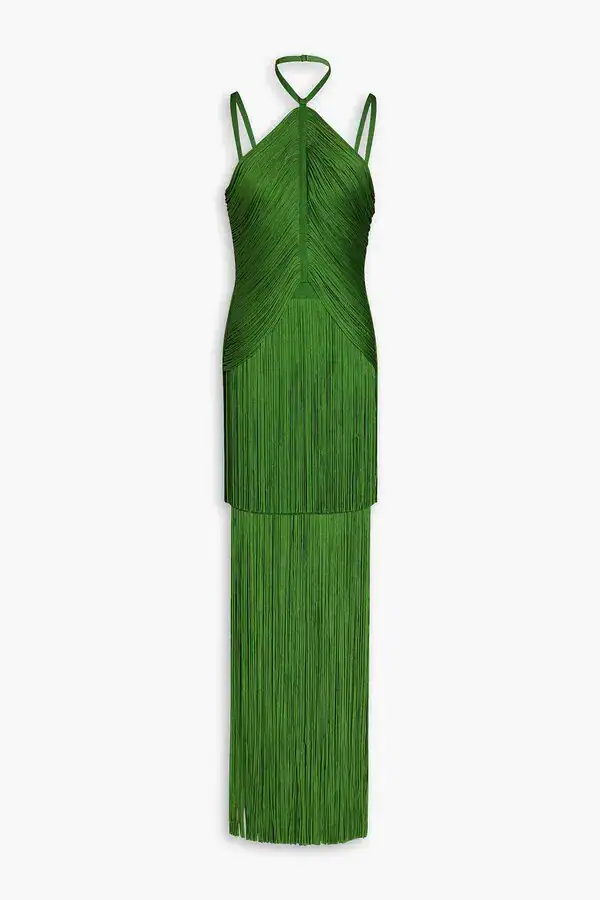 Herve Leger Fringed Ponte Gown Green In Leaf Green - 50% Off | Editorialist