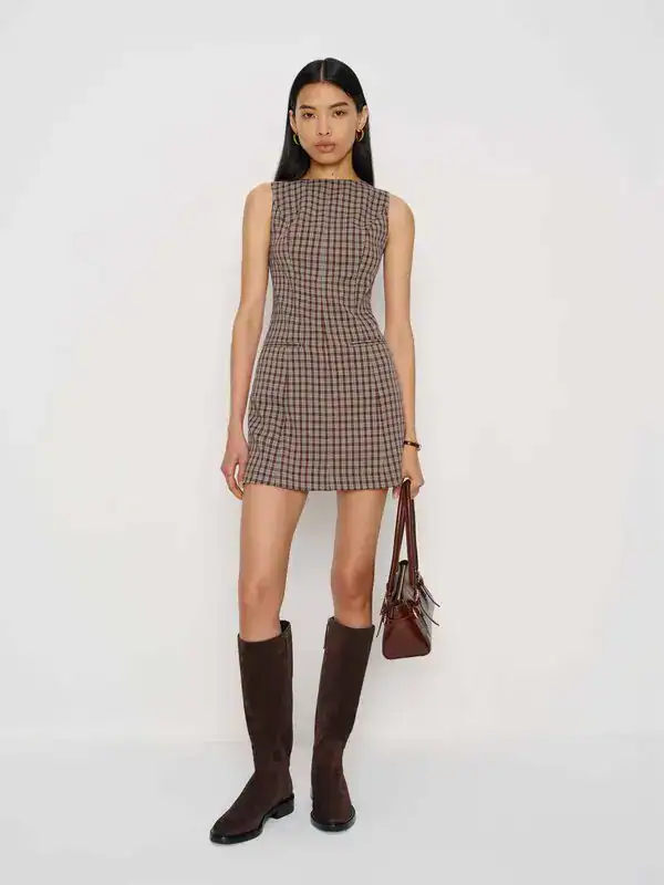 reformation brown checkered dress Terra Cotton Check Sleeveless Button Up Mini Dress - Brown | Disturbia main image 0