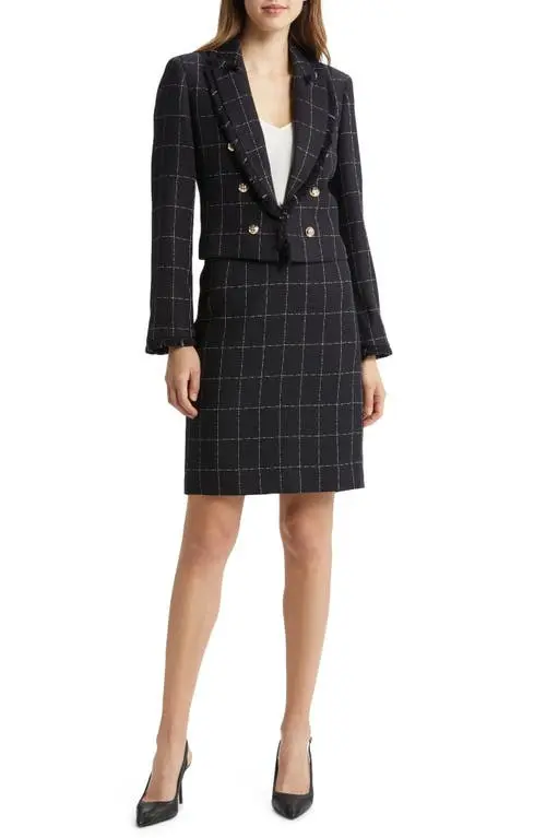 TAHARI ASL Plaid Fringe Jacket & Skirt