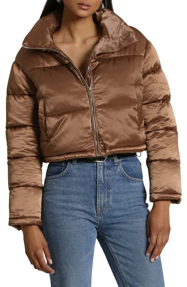 Avec Les Filles Quilted Satin Crop Puffer Jacket In Copper - 60% Off ...