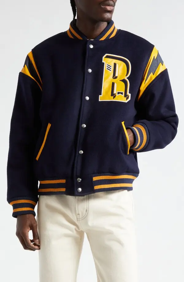 Rhude American Spirit Wool Blend Varsity Jacket - Navy/ Mustard Yellow ...