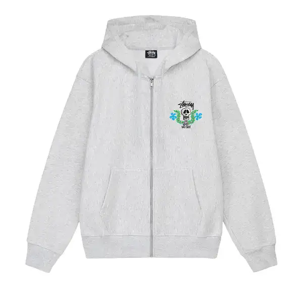 StüSsy Skull Crest Zip Up Hoodie - Grey | Editorialist