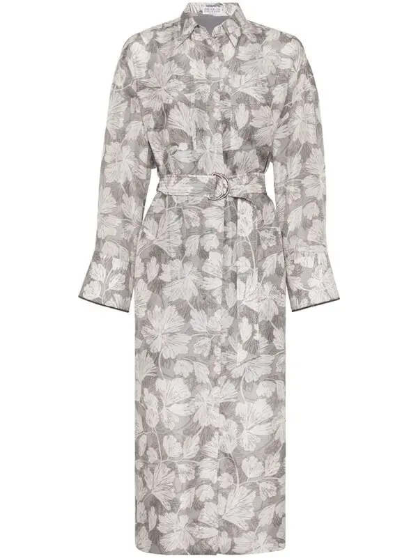 Brunello Cucinelli Leaf-print Belted Midi Dress