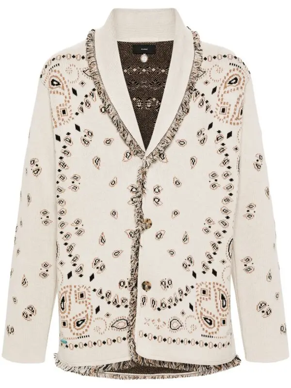 Alanui Bandana-jacquard Frayed-edge Cardigan - Neutrals
