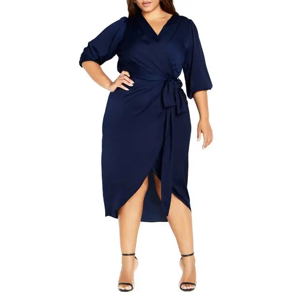 City Chic Opulent Wrap Front Midi Dress In Navy - 50% Off | Editorialist