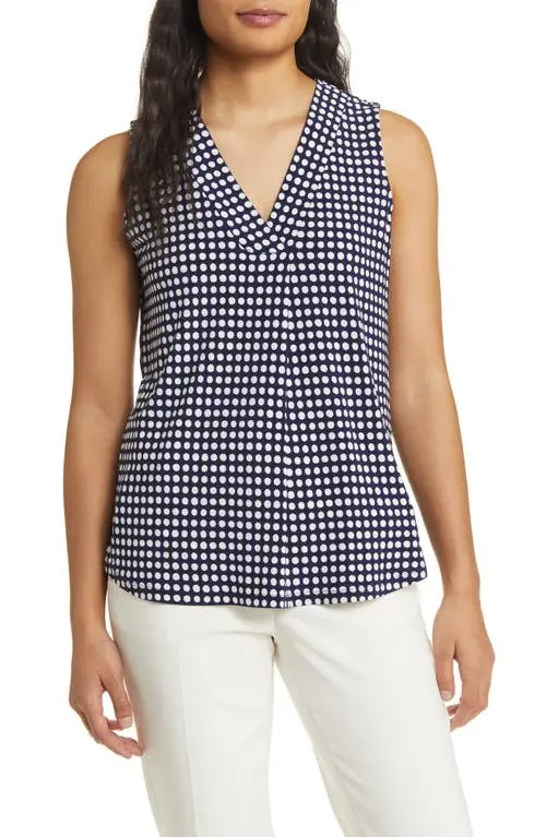 Anne Klein Polka Dot Pleat Neck Shell - Distant Mt/ Anne White