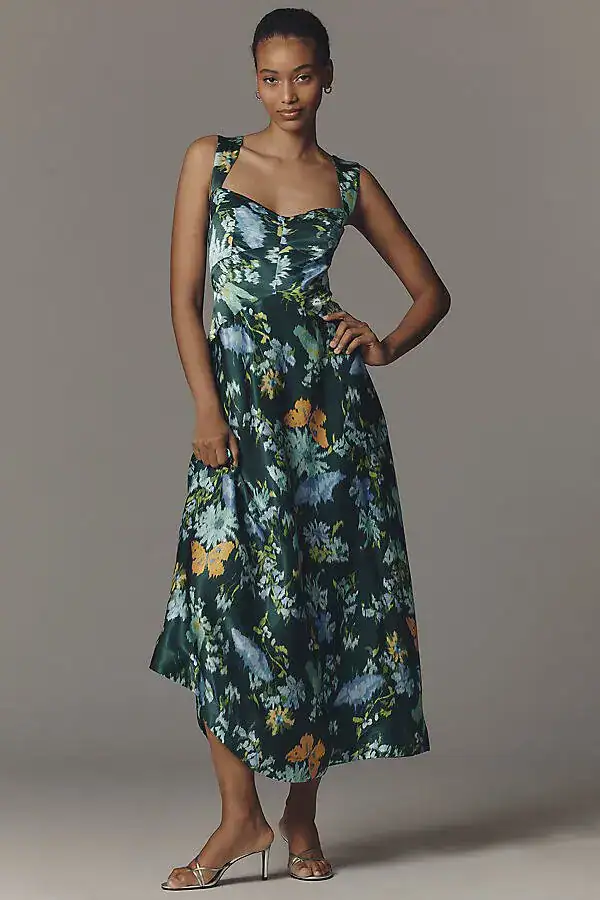 slim fit dress slacks Maeve Pleated Midi Dress: Floral Midi Dress, Sundress, Plisse Dress, Blue  Midi, Green Midi, Summer Dress main image 0