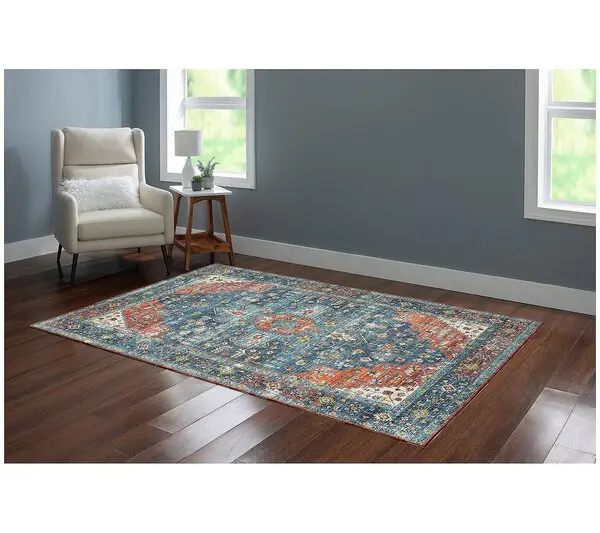 LINON Washable Isla Teal/rust 5x7 Area Rug