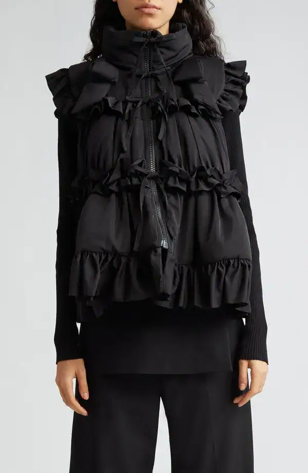 Sandy Liang Trifle Ruffle Puffer Vest - Black | Editorialist