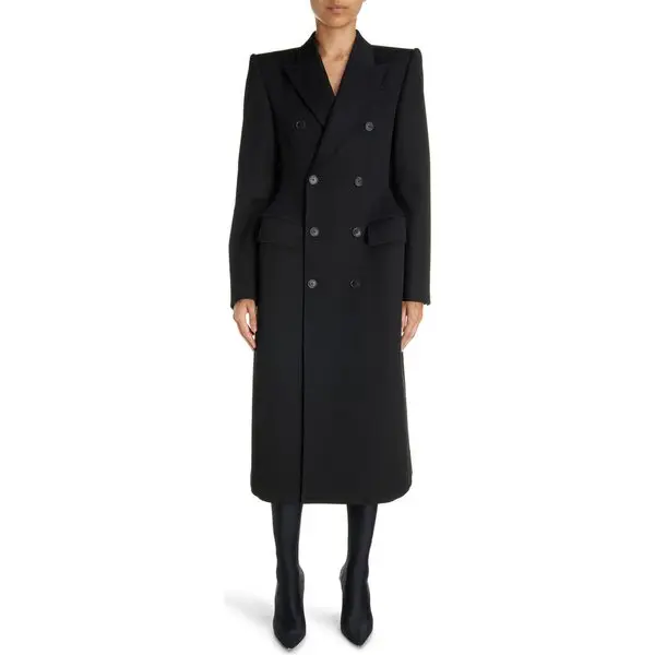 Balenciaga Hourglass Double-breasted Wool Gabardine Coat - Black