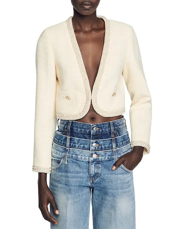 Sandro Cropped Tweed Jacket With Bead Trim - Ecru