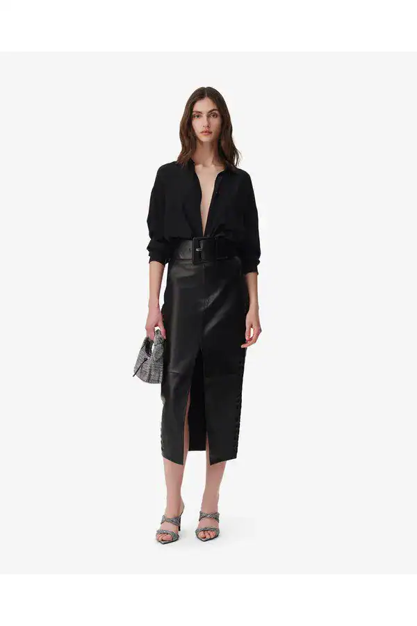 Iro Paris Akine Split Leather Midi Skirt In Black 50% Off