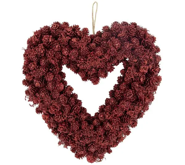 NORTHLIGHT Red Pine Cone Rose Valentine's Woode N Heart Wreath - One-color