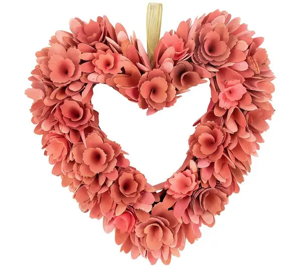 NORTHLIGHT Salmon Pink Valentine's Wooden Flora L Heart Wreath - One-color