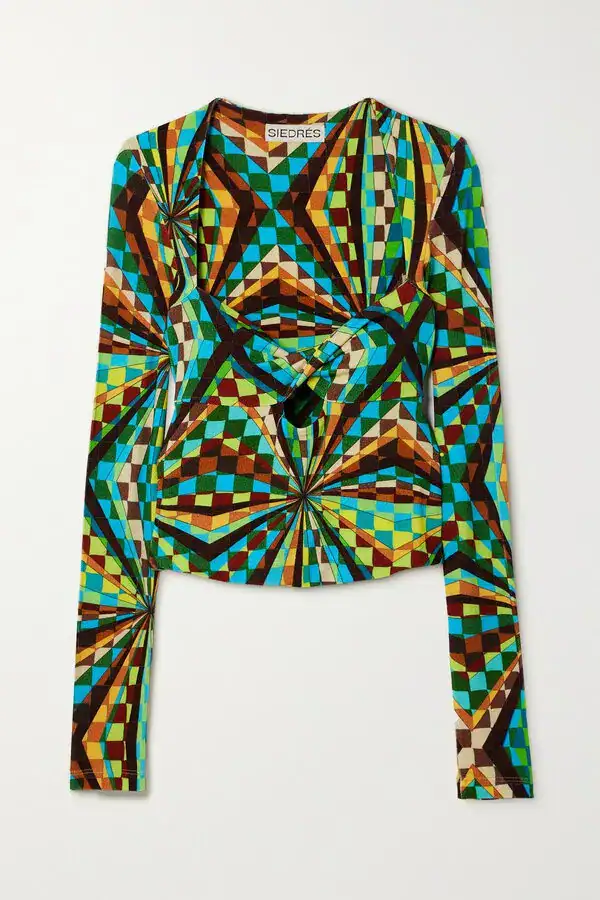 Siedres Divy Twist-Front Cutout Printed Top In Green - 70% Off