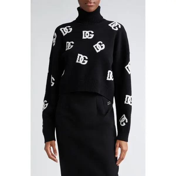 Dolce & Gabbana Logo Intarsia Crop Virgin Wool Turtleneck Sweater - Nero/bianco