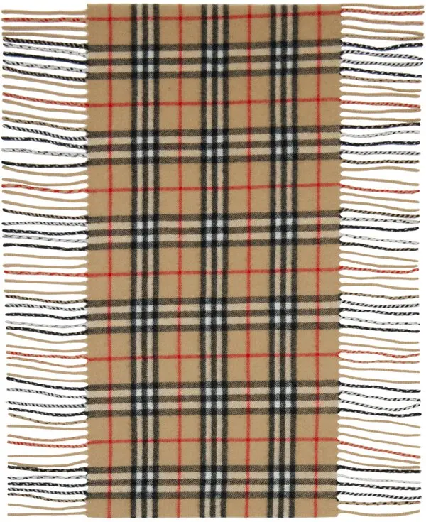 Burberry Beige Check Cashmere Fringed Scarf Archive Beige