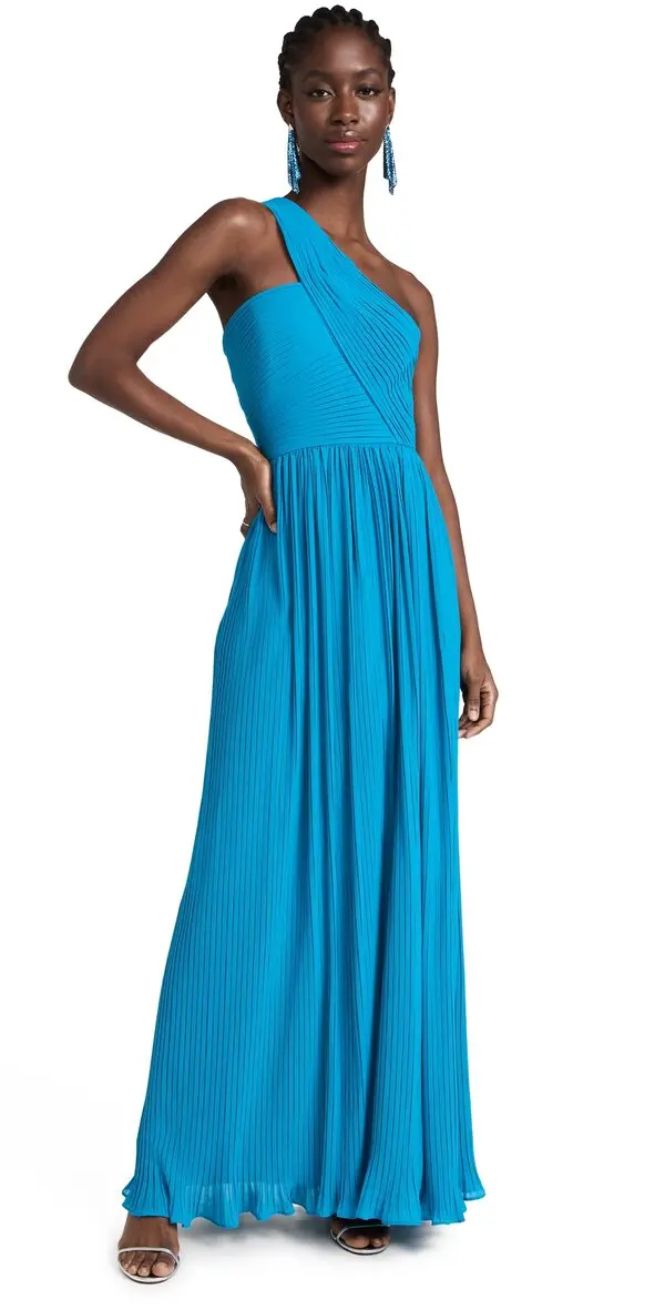 Amur Skye Deep V Pleated Gown In Blue Surf - 75% Off | Editorialist