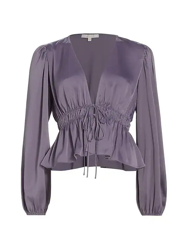 Wayf Kara Satin Tie-Front Blouse In Iris - 40% Off | Editorialist
