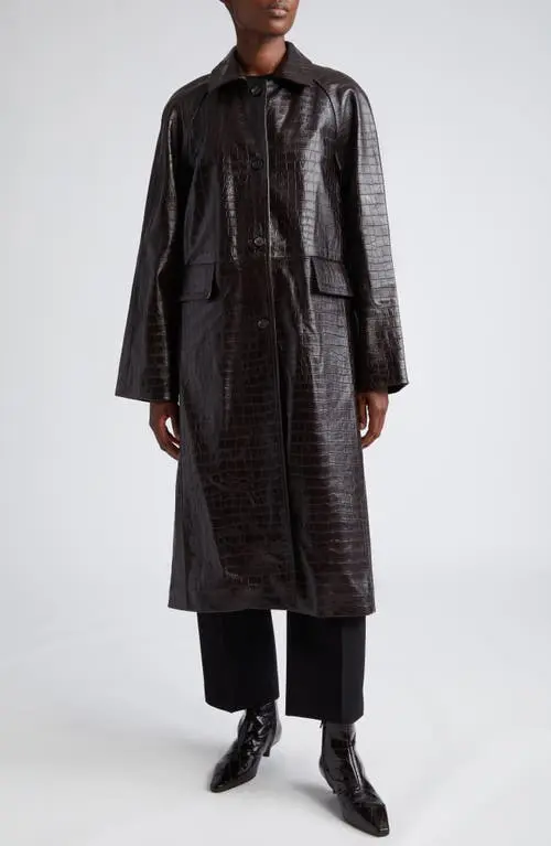TotêMe Croc Embossed Raglan Sleeve Leather Coat - Dark Brown 