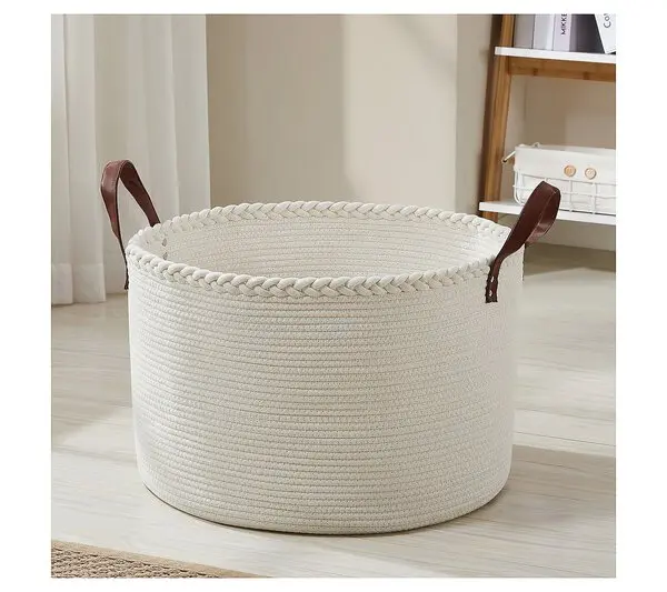 ORNAVO HOME Xl Rope Laundry Storage Basket W/ L Eather Handles