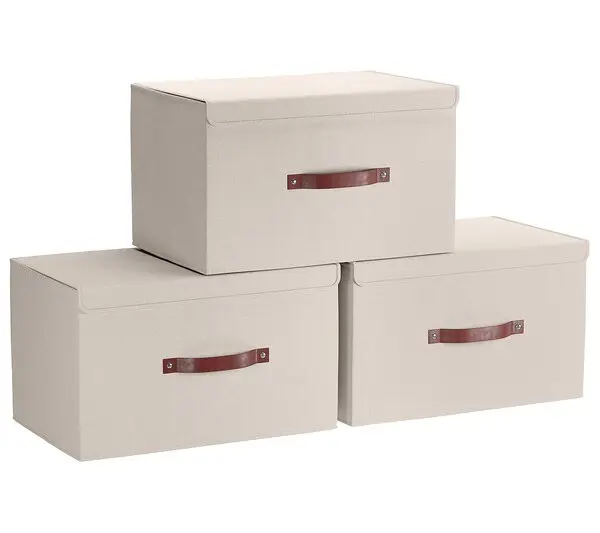 ORNAVO HOME Linen Storage Bins With Leather Han Dles And Lid