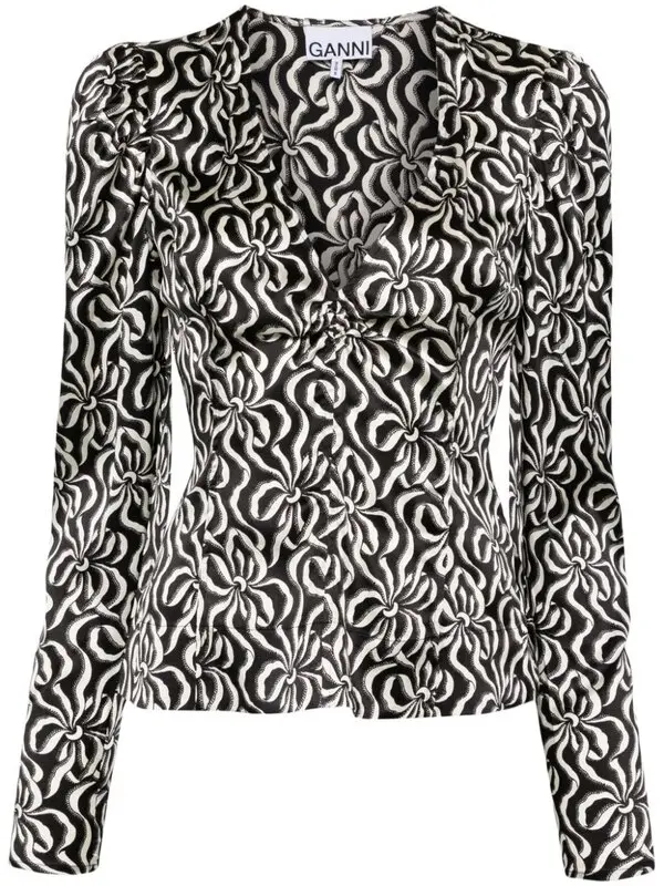 GANNI Graphic-print Silk Blouse