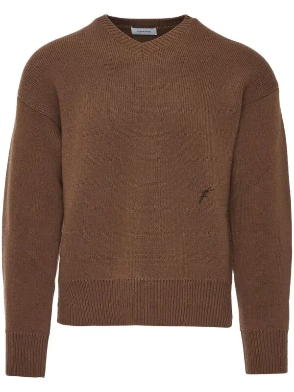 Ferragamo Logo-Embroidered V-Neck Jumper In Brown - 60% Off 