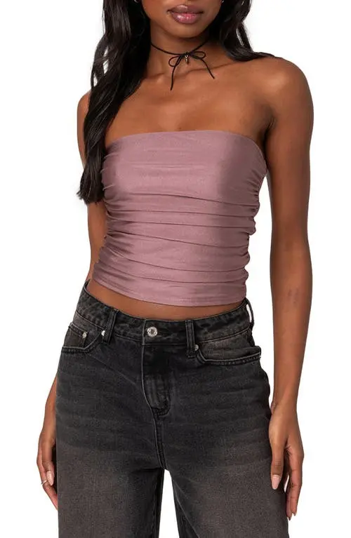 EDIKTED Maxeen Shiny Ruched Tube Top - Mauve