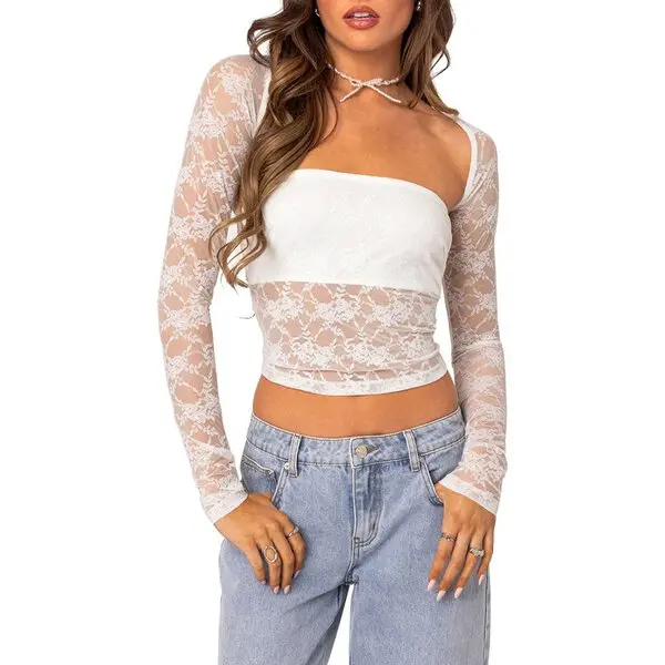 EDIKTED Addison Sheer Lace Top - White