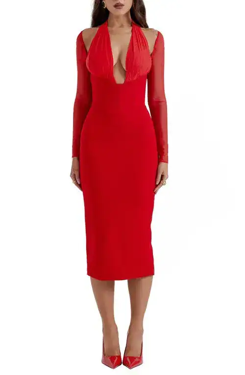 House Of Cb Yasmin Long Sleeve Midi Dress - True Red - 50% Off |  Editorialist
