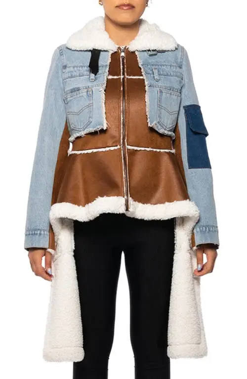 AZALEA WANG Denim & Faux Shearling Trucker Jacket