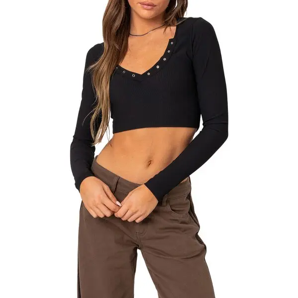 EDIKTED Milady Ribbed Crop Top - Black