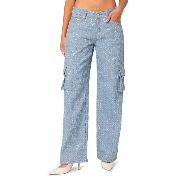 EDIKTED Icing Sequin Low Rise Cargo Jeans - Light-blue