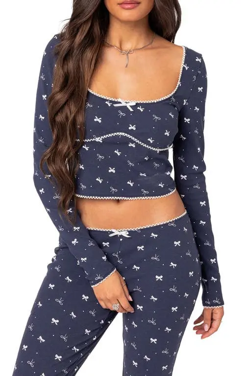 EDIKTED Bradley Bow Print Rib Long Sleeve Crop Pajama Top - Navy ...