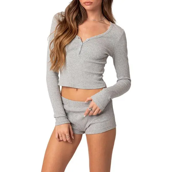EDIKTED Rebekah Ribbed Crop Long Sleeve Top - Gray Melange