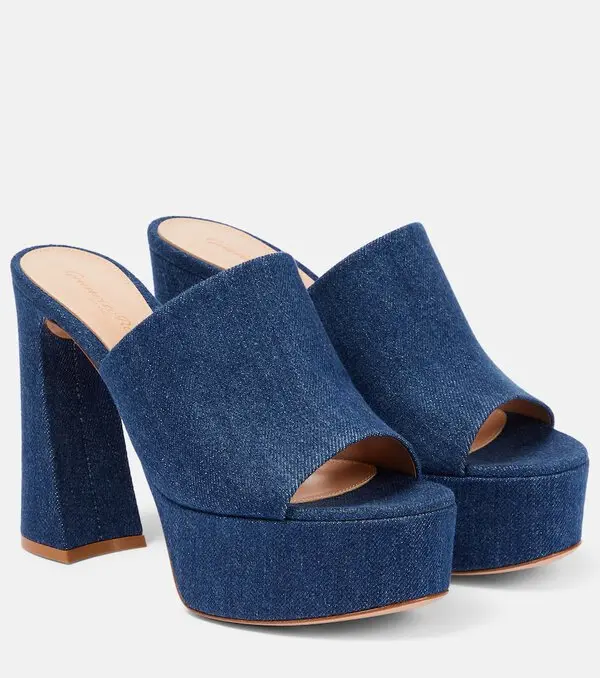 GIANVITO ROSSI Holly Denim Platform Mules - Blue