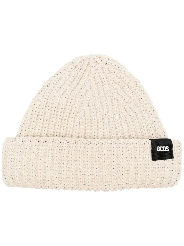Gcds Logo-patch Ribbed Knit Beanie - Neutrals