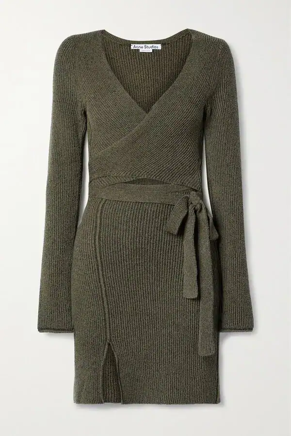Acne Studios Ribbed-Knit Mini Wrap Dress In Green - 70% Off | Editorialist