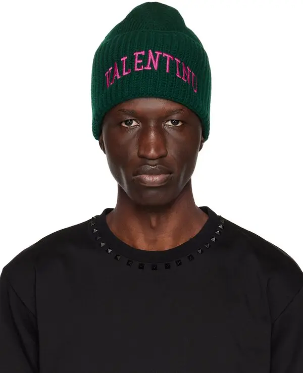 Valentino Garavani Green Embroidered Beanie In 75c Verde College 